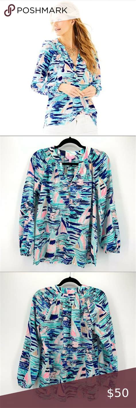 Lilly Pulitzer Elsa Blouse Womens S Blue Pink Pier Pressure Print Notch