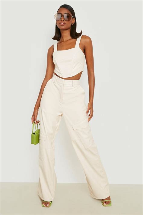 Leather Look Wide Leg Cargo Trousers Boohoo Uk