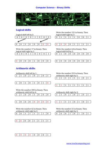 gcse computer science data lesson 4 binary shifts teaching resources
