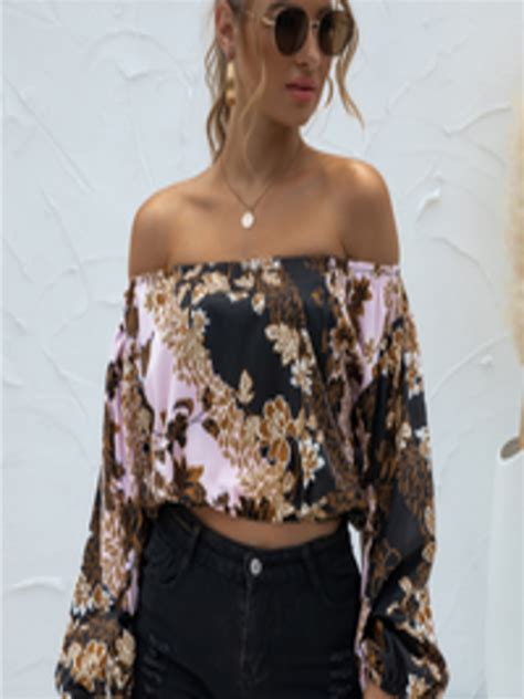 Buy Urbanic Black And Off White Floral Print Off Shoulder Bardot Crop Top