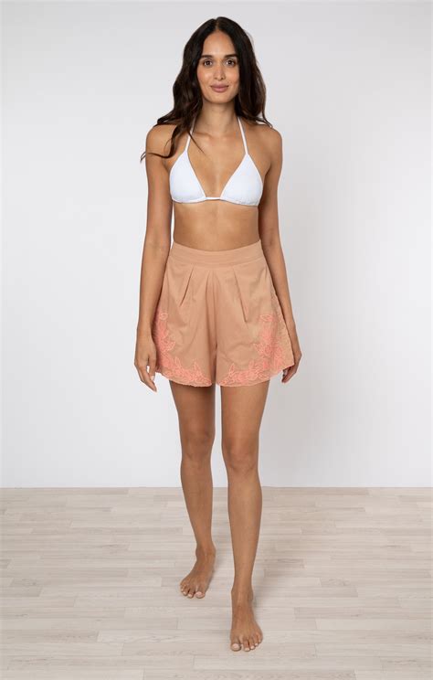 Nutmeg City Shorts With Neon Pink Embroidery → Juliet Dunn London