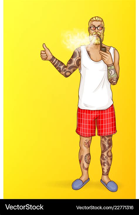 Pop Art Tattooed Bearded Man Smokes Royalty Free Vector