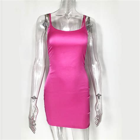 Stretch Satin Mini Dress Sexy Straps Slim Fit Bodycon Neon Green Pink
