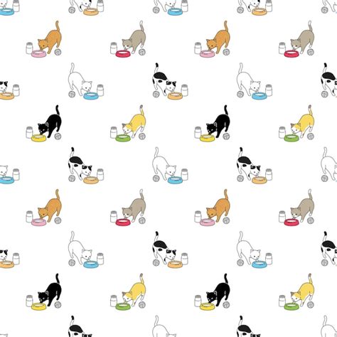 Premium Vector Cat Seamless Pattern Calico Kitten Cartoon Food Bowl