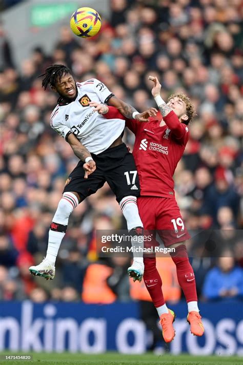 Fred Of Manchester United Contends For The Aerial Ball With Harvey