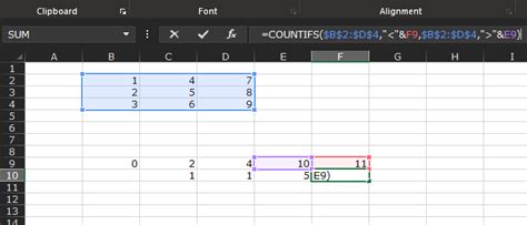 vba excel set 1 or 0 if any value from array is between