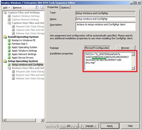 adding a hotfix to the setup windows and configmgr step in a task