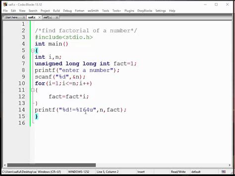 c program for finding factorial of a number using for loop