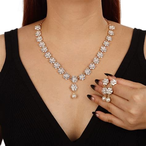 Jwicos Bride Jewelry Set Simulated Pearl Floral Necklace