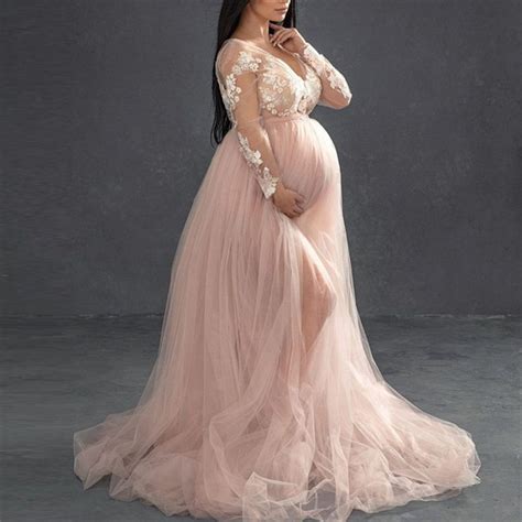 Maternity Elegant V Neck Stitching Mesh Gown Pink Dress In