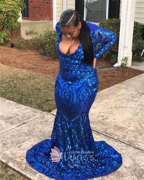 Royal Blue Long Sleeve Plus Size Mermaid Prom Gown Prom Girl Dresses