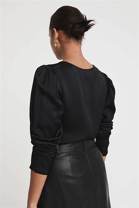 Black Hammered Viscose Long Sleeve Blouse Womens Evening Shirts