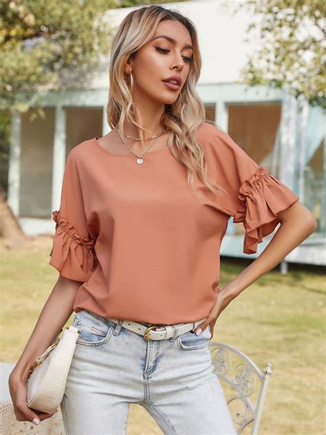 Shein Vcay Frill Bell Sleeve Keyhole Back Top Shein Usa