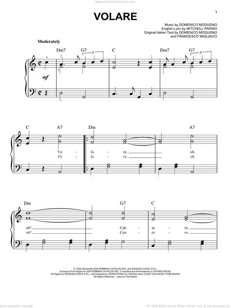 Modugno Volare Sheet Music For Piano Solo [pdf Interactive]