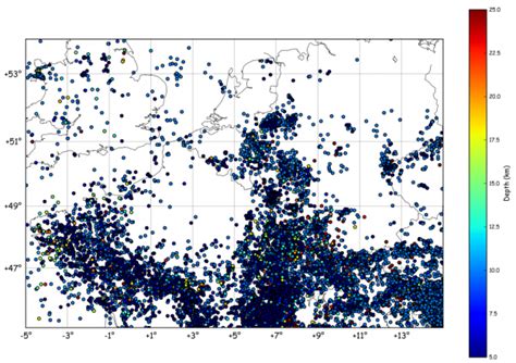 seismicity map and rate using basemap and pandas géophysique be