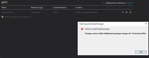 how to resolve the issue “failed to install nuget package” when adding