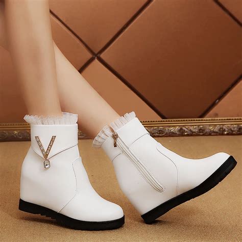 Winter Boots Women Wedges Boots Ruffles Ankle Boots Plush White Boot
