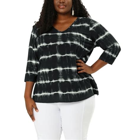 Unique Bargains Womens Plus Size Outfits Fashion Tie Dye V Neck 3 4