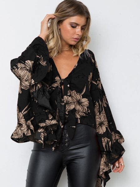 Long Sleeve Floral V Neck Irregular Hem Top Landing Closet