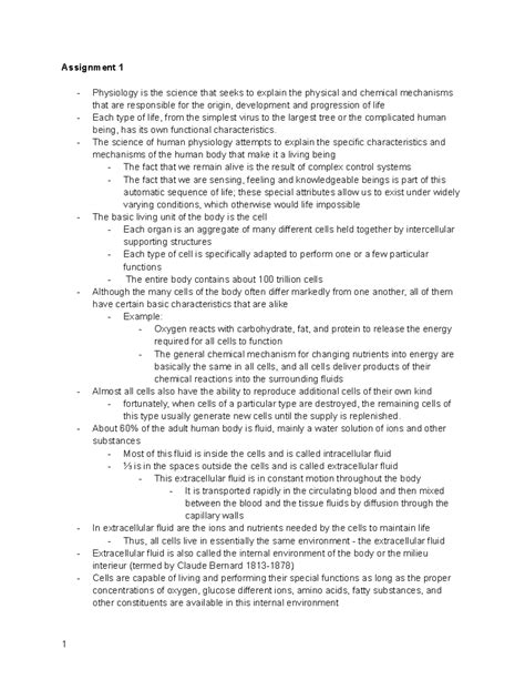 Physiology Reading Assignments Exam Block 1 Assignment 1 Physiology