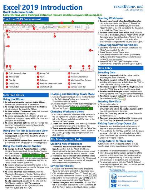 Microsoft Excel 2019 Introduction Quick Reference Training Guide Cheat