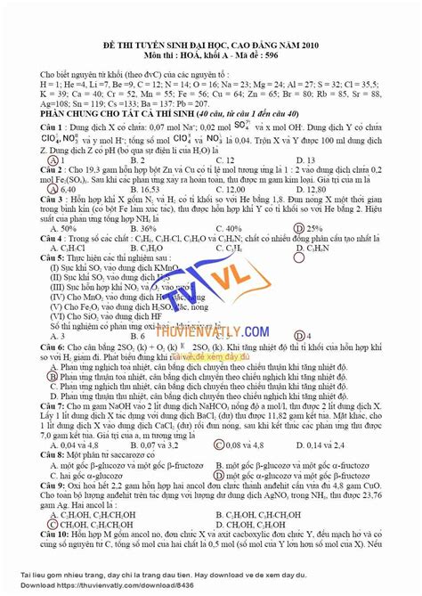 [doc] Gợi ý Giải đề Thi đại Học Môn Hóa Khối A Năm 2010 Báo Thanh
