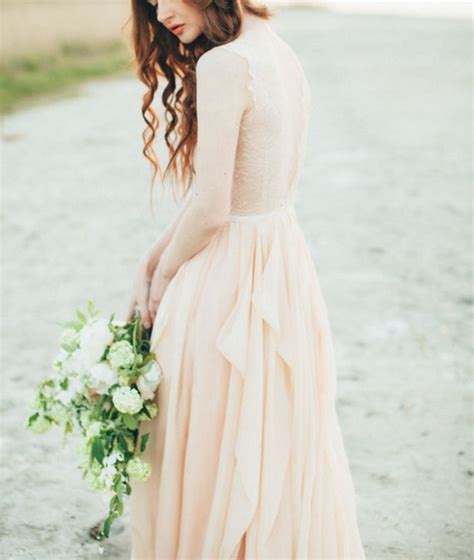 Discount Sheer Lace Blush Pink Wedding Dress 2016 Sexy Plunging V