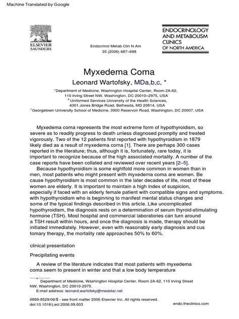Myxedema Coma A Review Of Its Clinical Presentation Precipitating