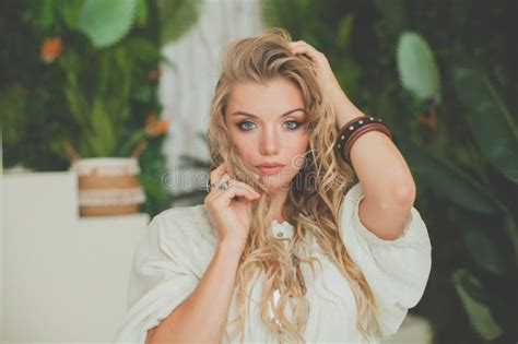 Portrait Of Sensual Model Woman With Blonde Curly Hair Portrait Stock