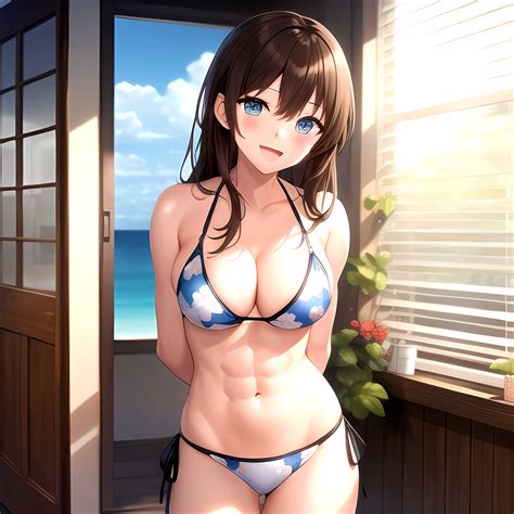 1girl D Abs Alternate Costume Arms Behind Back Asymmetrical Hair Bikini