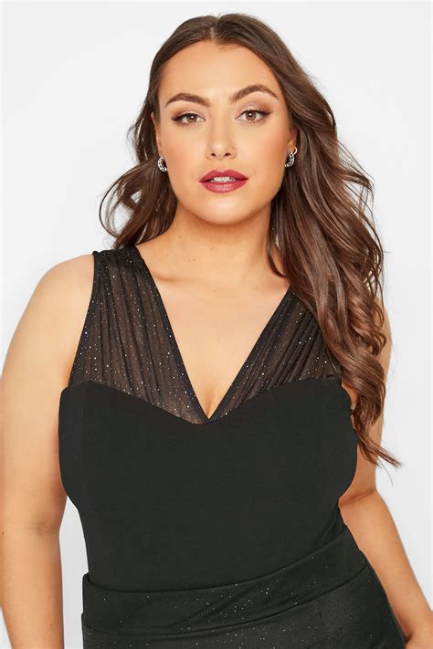 Yours London Plus Size Womens Black Glitter Mesh Bodysuit Yours Clothing