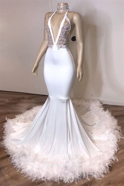 Diamond Sheer Tulle White Spandex Feather Prom Gown Promfy