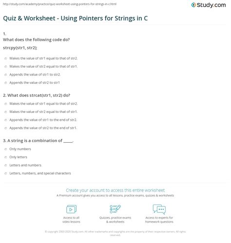quiz and worksheet using pointers for strings in c