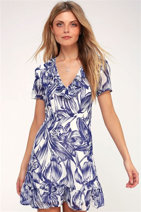 Cute Blue And White Floral Print Dress Ruffle Skater Dress Lulus
