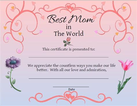 Mothers Day Best Mom Printable Award Certificate Best Mom Ever