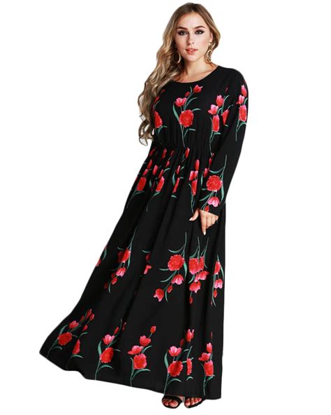 New Fashion Autumn Winter Elegant Plus Size Maxi Dress Rose Print O