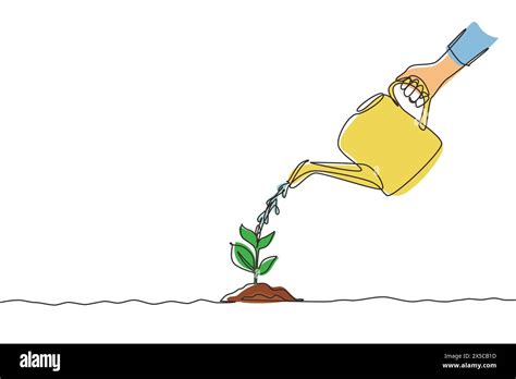 Single Continuous Line Drawing Hand Holding Watering Can Watering Plant