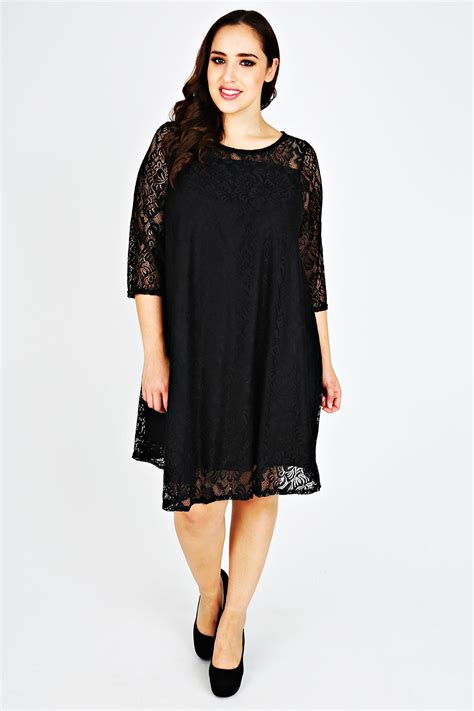 Black Lace Sleeved Swing Dress Plus Size 14 To 36