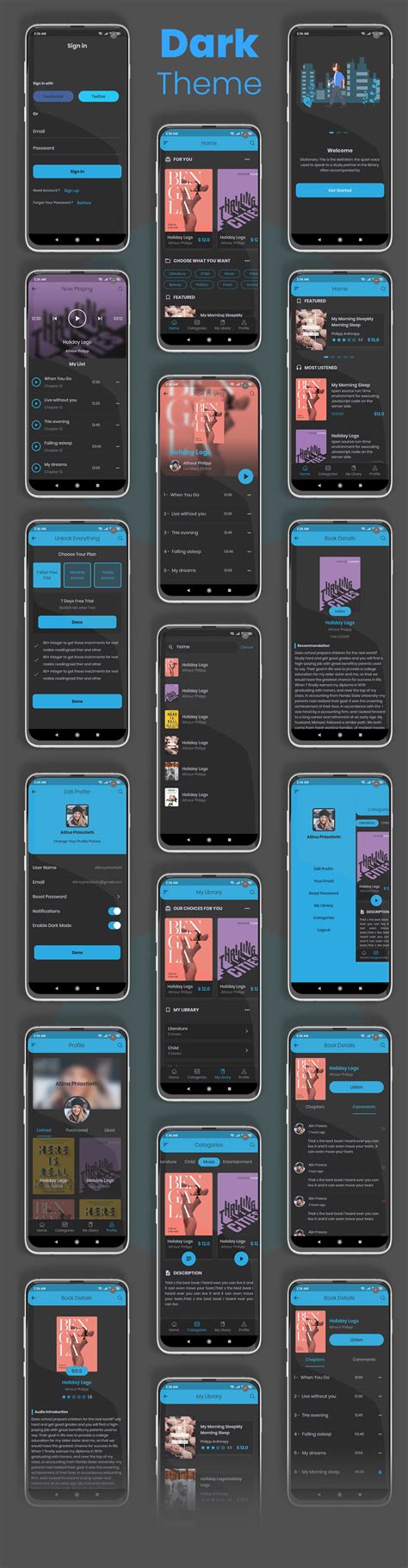 e book audio book flutter app ui kit template app
