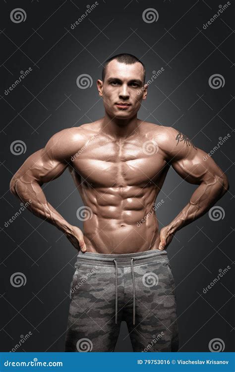 Strong Athletic Man Fitness Model Torso Showing Six Pack Abs Stock
