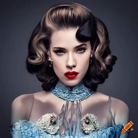 Portrait Of A Woman With Long Wavy Hair In A Blue Vintage Dress