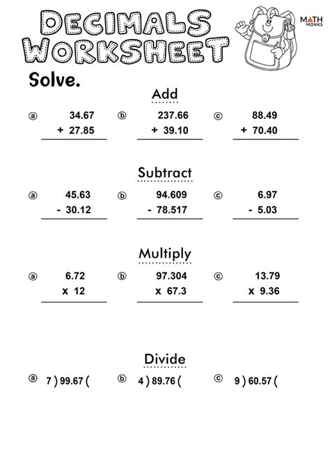 Add Subtract And Multiply Decimals Worksheet