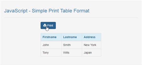 javascript simple print table format free source code
