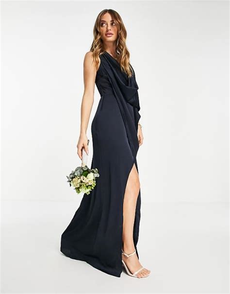Tfnc Bridesmaid Satin Wrap Maxi Dress In Navy Asos