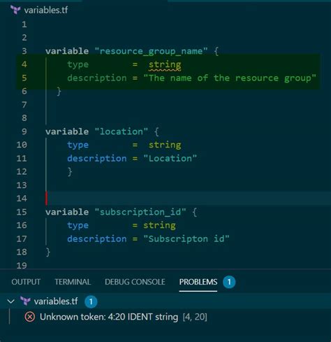 getting errors when i run terraform on vs code unknown token 4 20