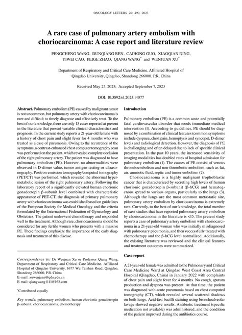 Pdf A Rare Case Of Pulmonary Artery Embolism With Choriocarcinoma A
