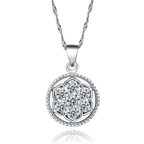 Genuine 925 Sterling Silver Circle Pendant Necklace Paved Cubic