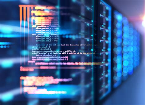 server room 3d illustration with node base programming data design