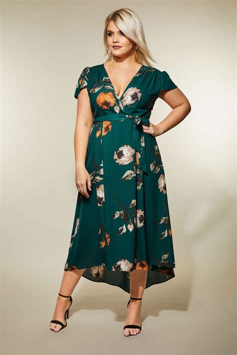 Ax Paris Curve Dark Green Floral High Low Wrap Dress Plus Size 16 To 26