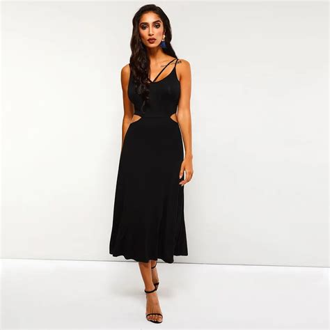 Women Midi Dresses Sexy Goth Black Party Aline Plain Hollow Backless